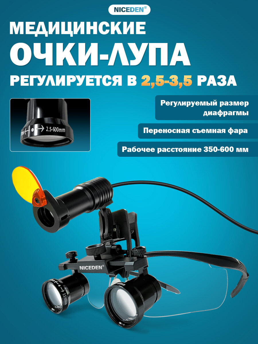 Регулируемое увеличение,2.5х-3.5х Лупа бинокулярная, Суперяркий налобный фонарь мощностью 5 Вт бинокуляров