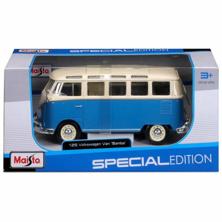 Фургон Maisto Volkswagen Van Samba (31956) 1:25, 16 см, бежевый/синий