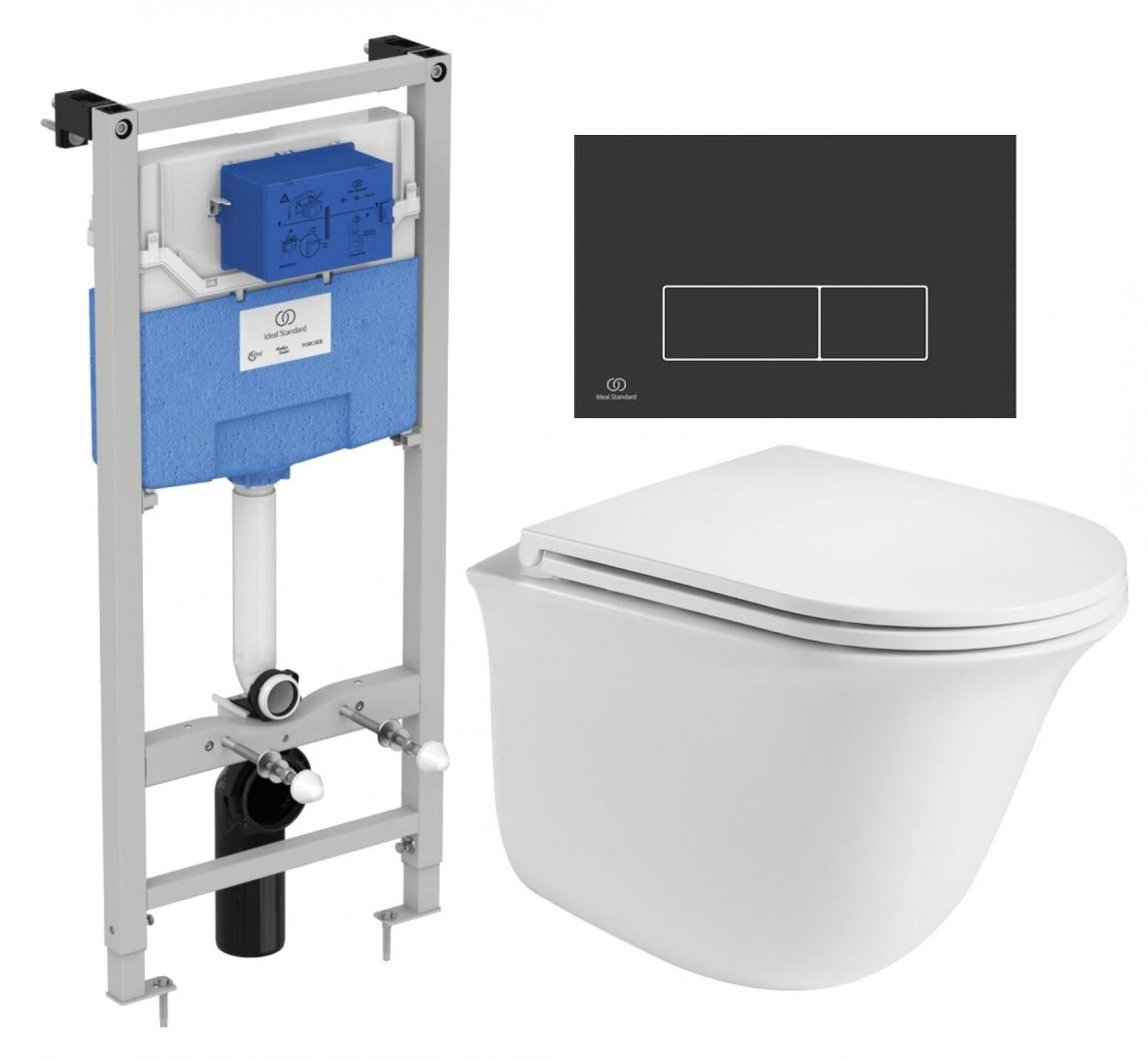 Комплект 3 в 1 инсталляция Ideal Standard + Подвесной унитаз WeltWasser Telbach 004 GL-WT + кнопка черная