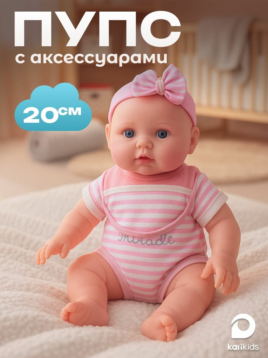 Кукла пупс для девочек 20 см с аксессуарами, 5 предметов, цвет розовый