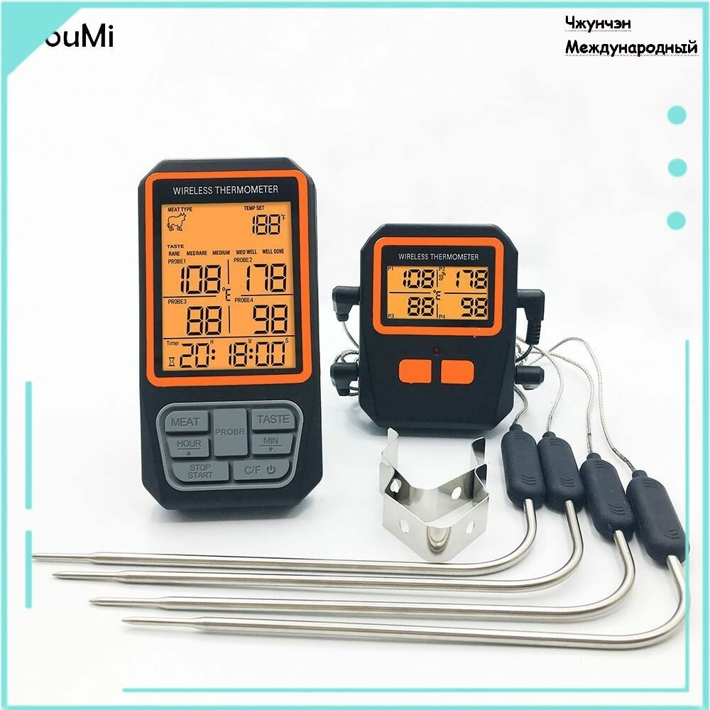 Беспроводной кухонный термометр с 4 датчиками, премиум дисплей с подсветкой, дальность 100 м, функция таймера, длина 23 см
