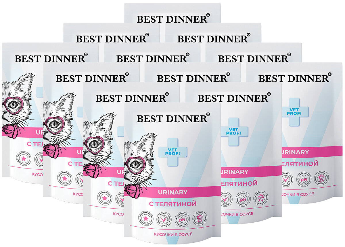 Корм влажный Best Dinner Exclusive Vet Profi Urinary для взрослых кошек при мочекаменной болезни с телятиной пауч кусочки в соусе, 85 г х 12 шт