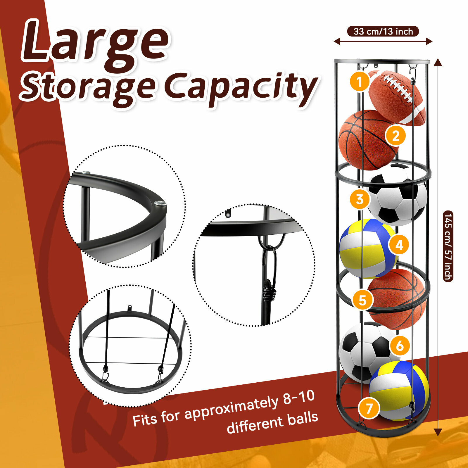 Стеллаж для хранения мяча 3 слоя прочного спортивного мяча с большими возможностями для домашнего использования
