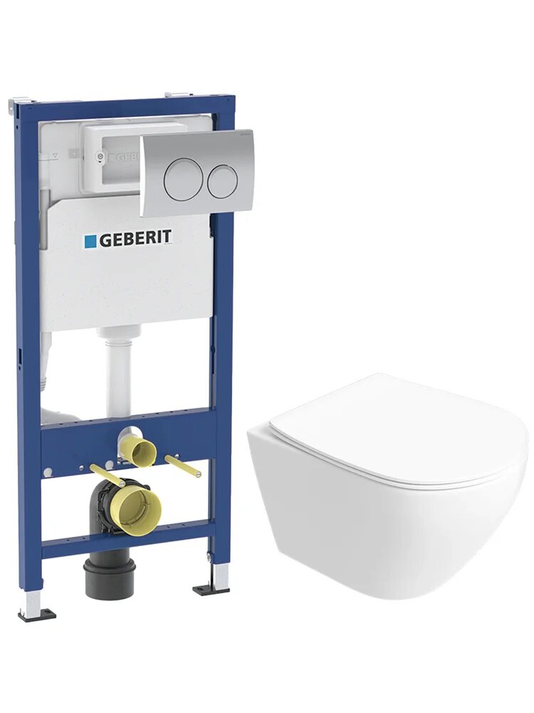 Комплект 2 в 1 Унитаз подвесной STWORKI Кронборг S28401WH, безободковый, с микролифтом, белый / Инсталляция с кнопкой Geberit Delta 20 458.118.21.2 цвет хром