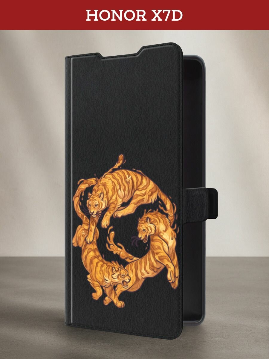 Чехол-книжка на Honor X7d / Хонор X7d с рисунком Играющиеся тигры 2, черный