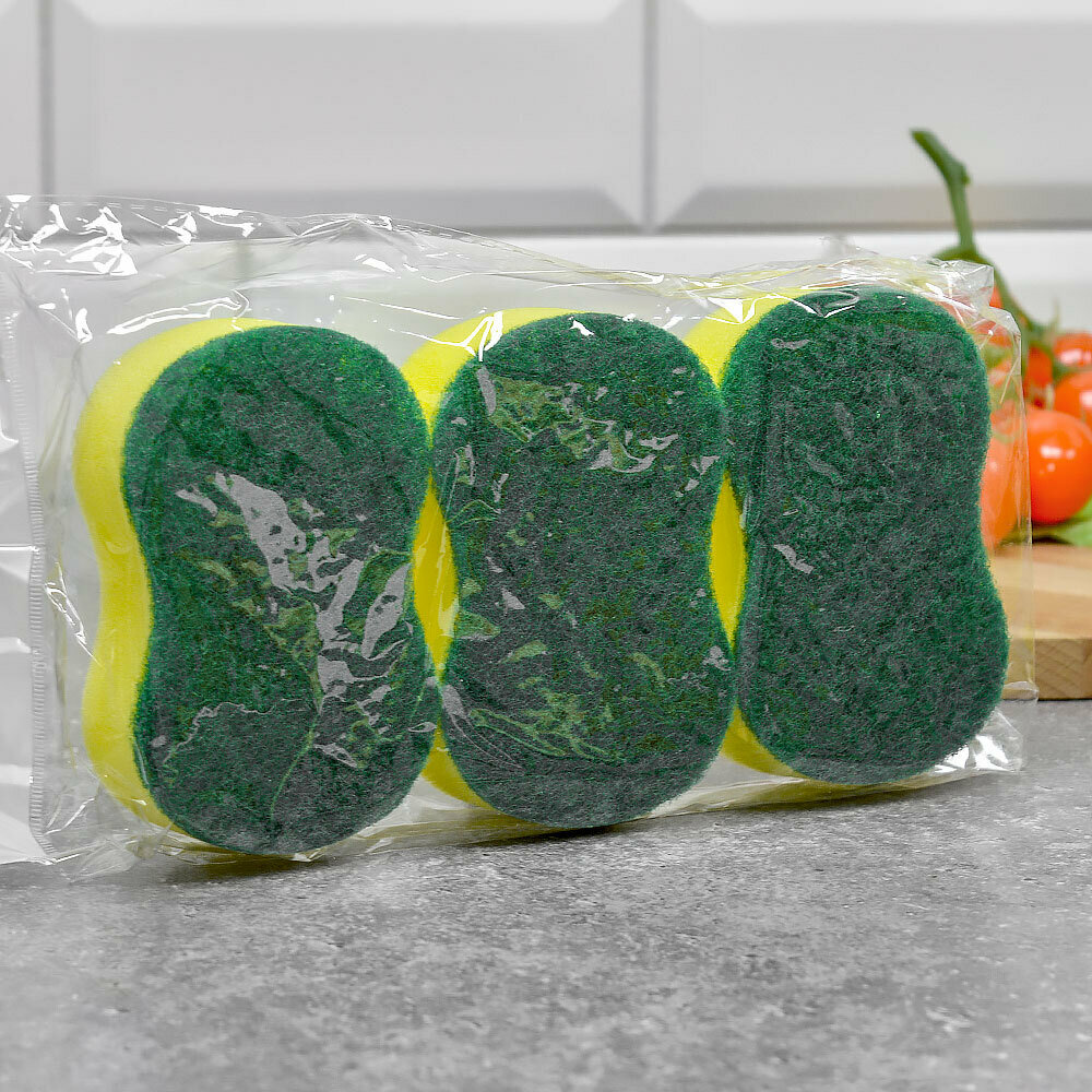 Губка для посуды 3 шт, поролон, желто-зеленая, мягкая и прочная