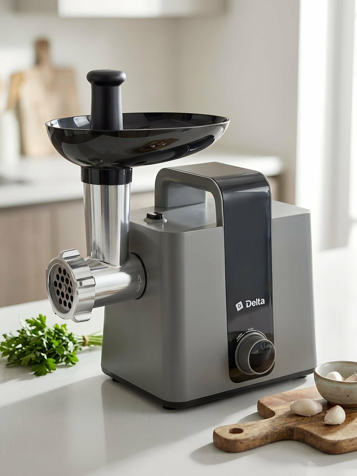 Мясорубка электрическая Delta Lux DL-6107M 2000 Вт с реверсом, насадками для колбасок и кеббе, цвет серый с черным