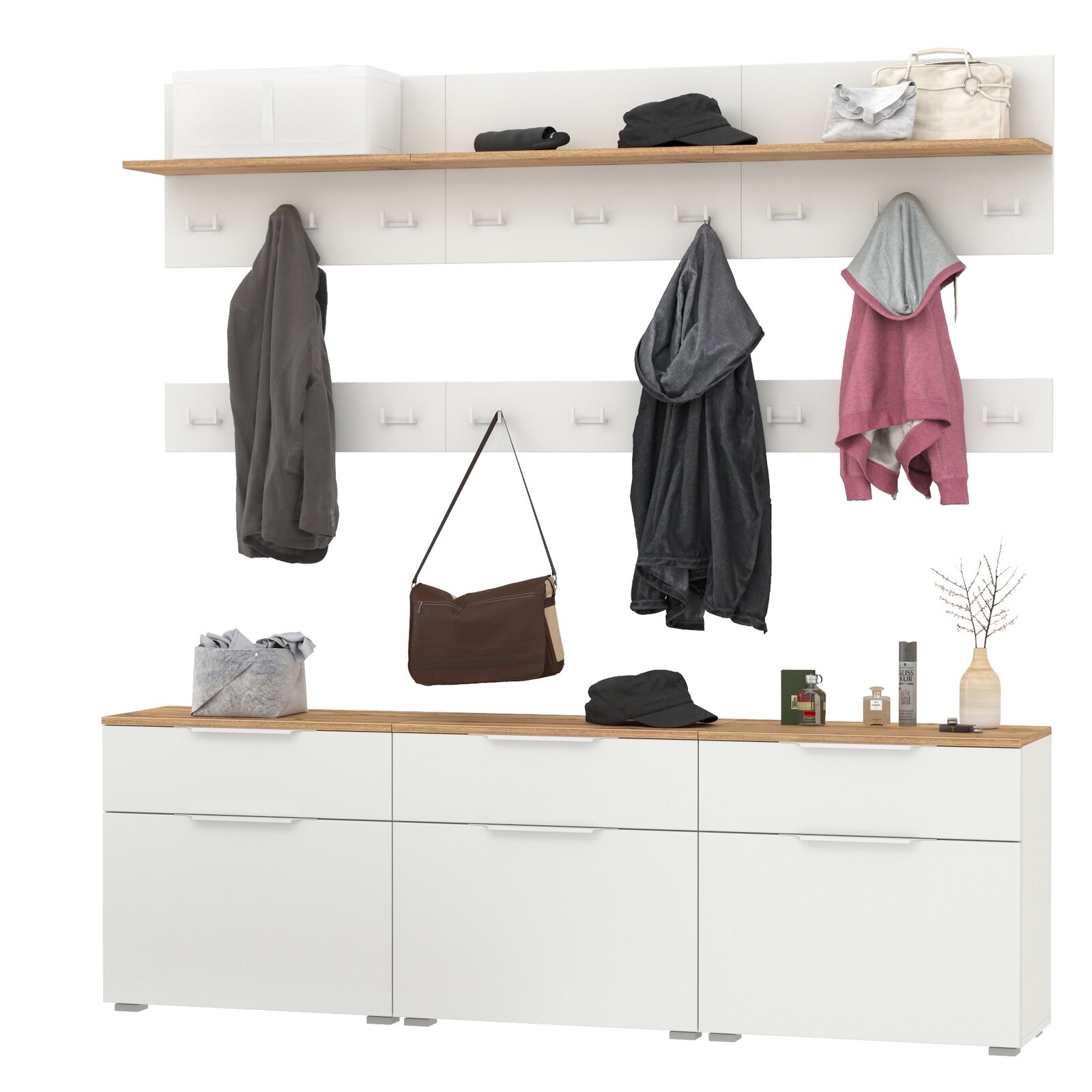 Три обувницы с вешалкой в узкую прихожую Моби Октава цвет белый шагрень/дуб крафт золотой, 194,7х35,4х197 см