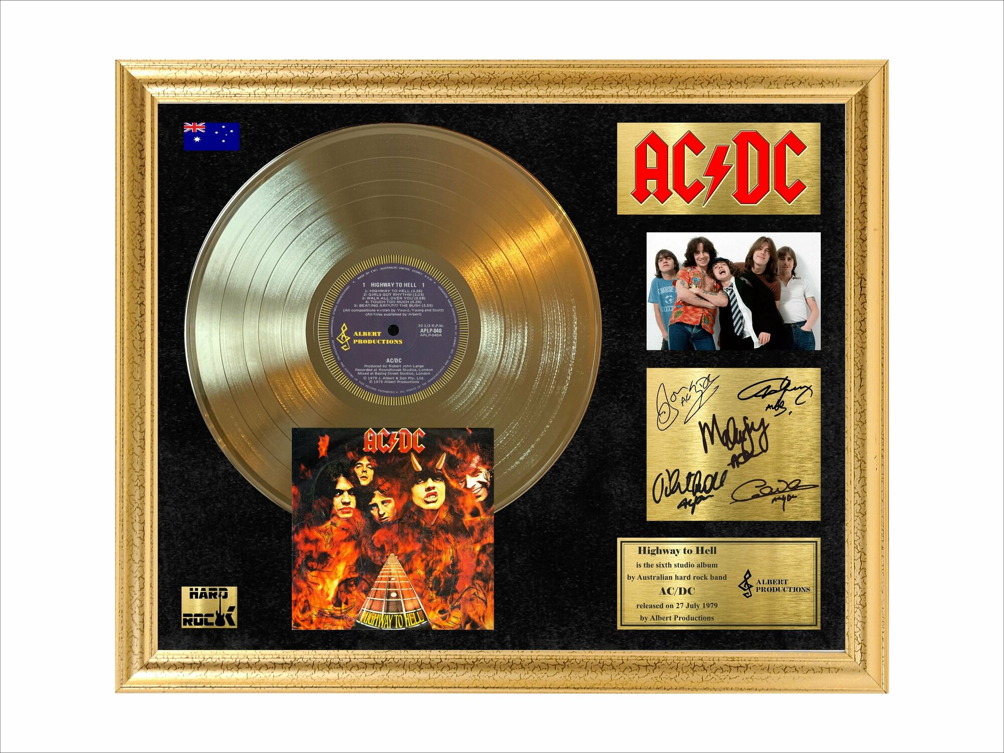 Золотой винил AC/DC Highway to hell в рамке с автографами