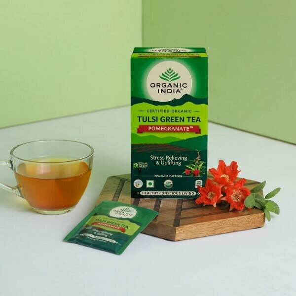 TULSI POMEGRANATE GREEN, Organic India (тулси зеленый ЧАЙ С гранатом, антистресс и свежесть, Органик Индия), 25 пакетиков.