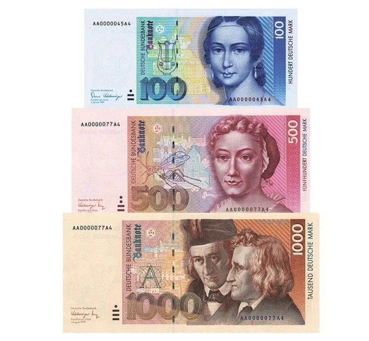 100, 500, 1000 марок 1989 ФРГ Германия, набор 3 сувенирные копии высокого качества, банкноты и купюры редкие коллекционные