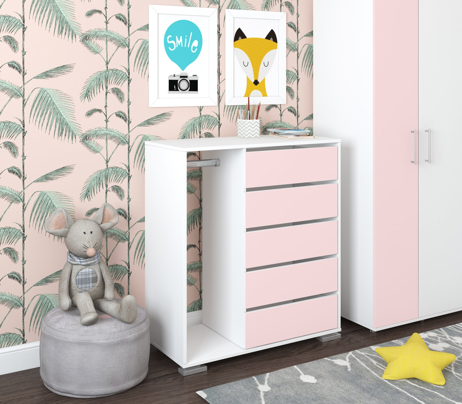 Шкаф, комод, шкаф-комод с ящиками, со штангой Есэндвич Лаворо, 90x43х102 см, правый (Белый/Розовый кварц)