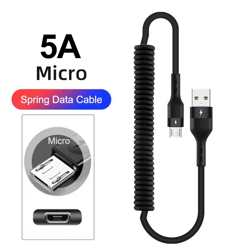 Кабель usb-c Micro USB, для Samsung, Xiaomi, huawei, 40 Вт, 5 А, спиральный, для быстрой зарядки, 3 А 1 м, Micro Black