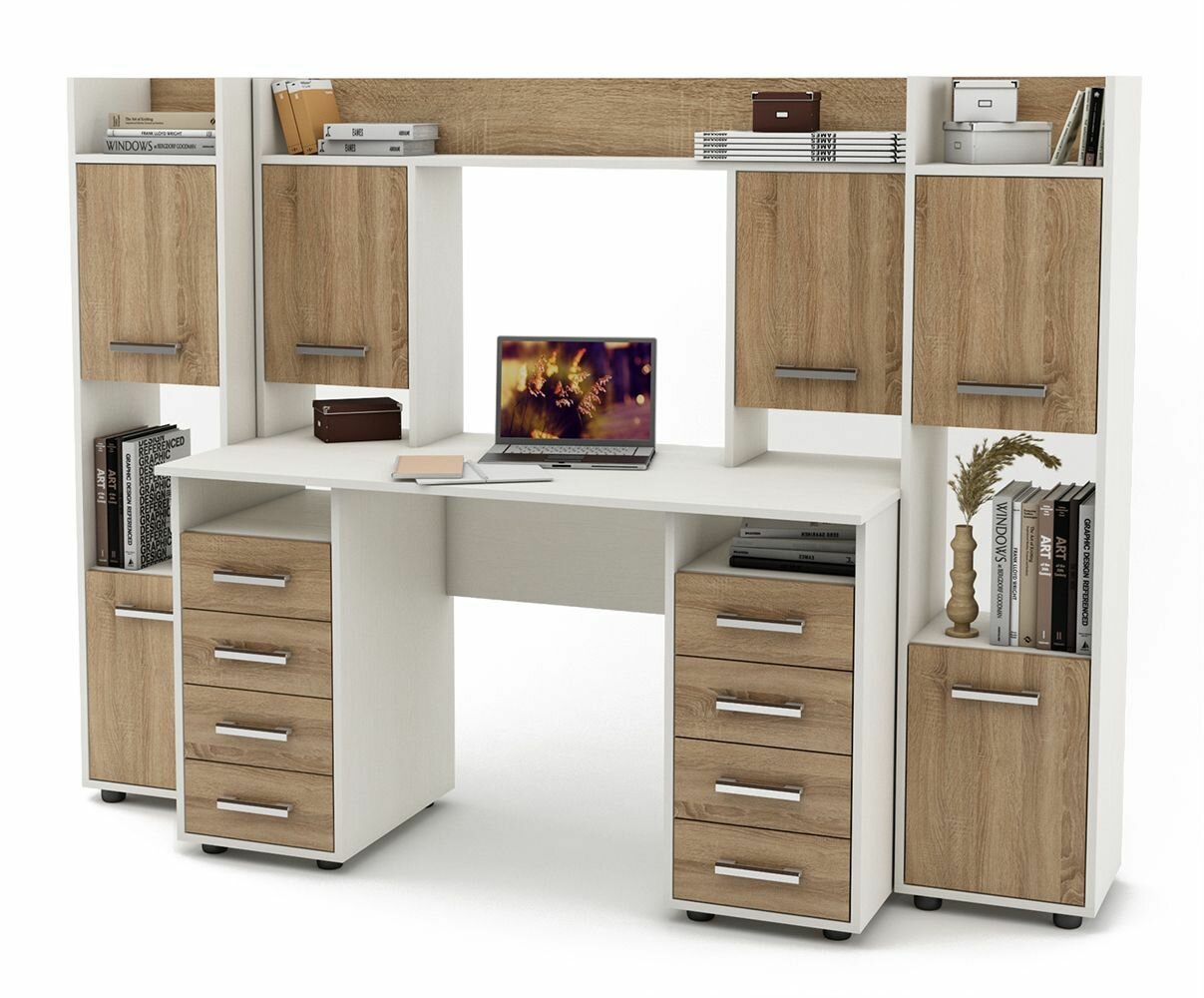 Стол письменный, компьютерный и стеллажи Остин (Ливерпуль) 14 белое дерево/дуб сонома