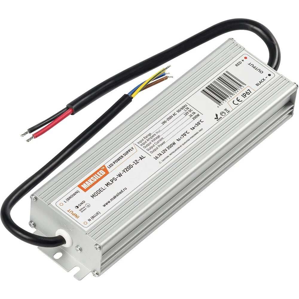 Блок питания MAKSILED 12В, 200Вт, IP67, 16.7А, 225x65x34мм, металл, MLPS-W-Y200-12-AL, светодиодных изделий