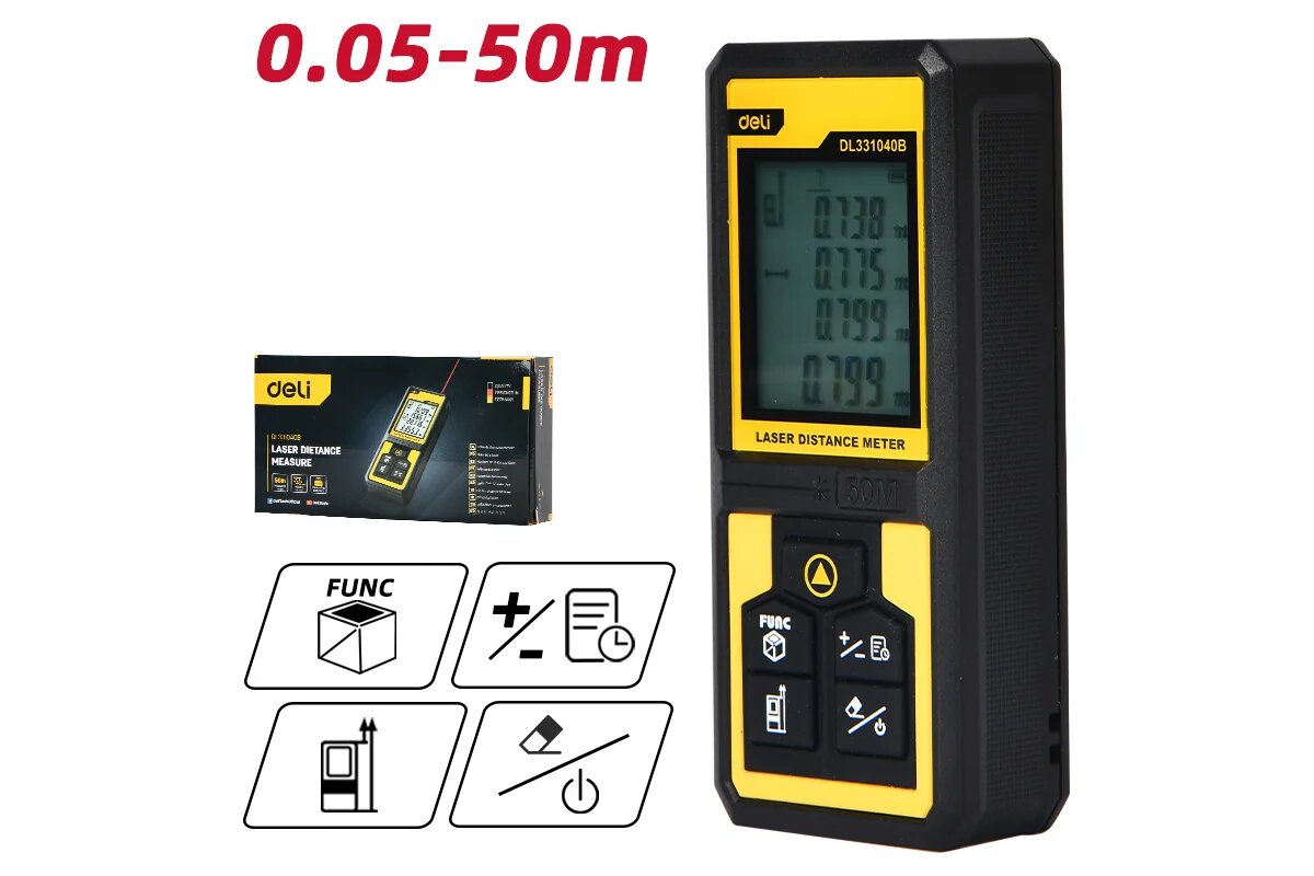 DELI DL331040B лазерный дальномер 0,05-50 м, точность ±3 мм для точных измерений