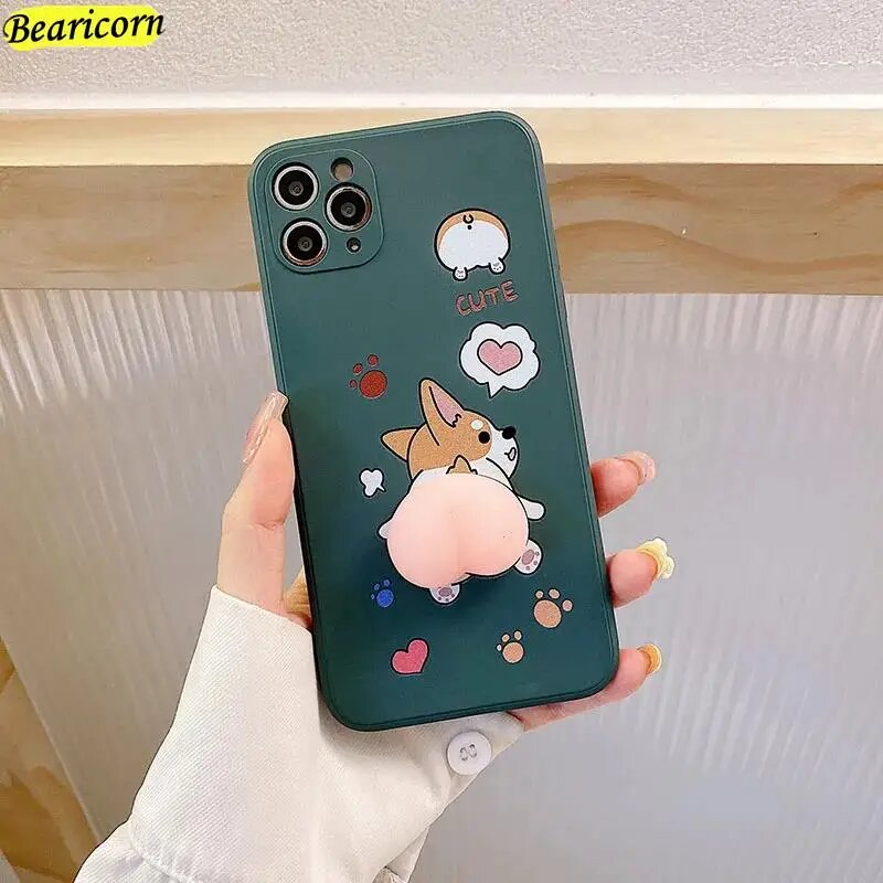 Чехол для телефона с 3D милыми ягодицами в стиле поп-непоседа для iPhone 11 12 13 14 15 Pro X Xs Max XR 8 7 Plus 6 6s SE Push Corgi Butt Cover Dark Green, iPhone 12