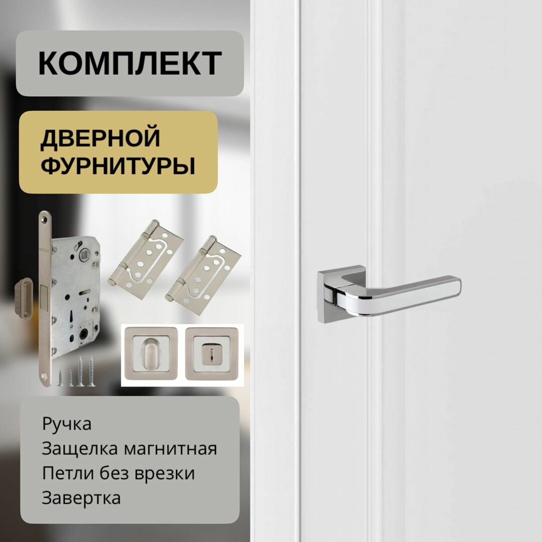 Дверная фурнитура (ручка Нео с магнитной защелкой 9-65, заверткой, петли матовый никель/хром)+запил