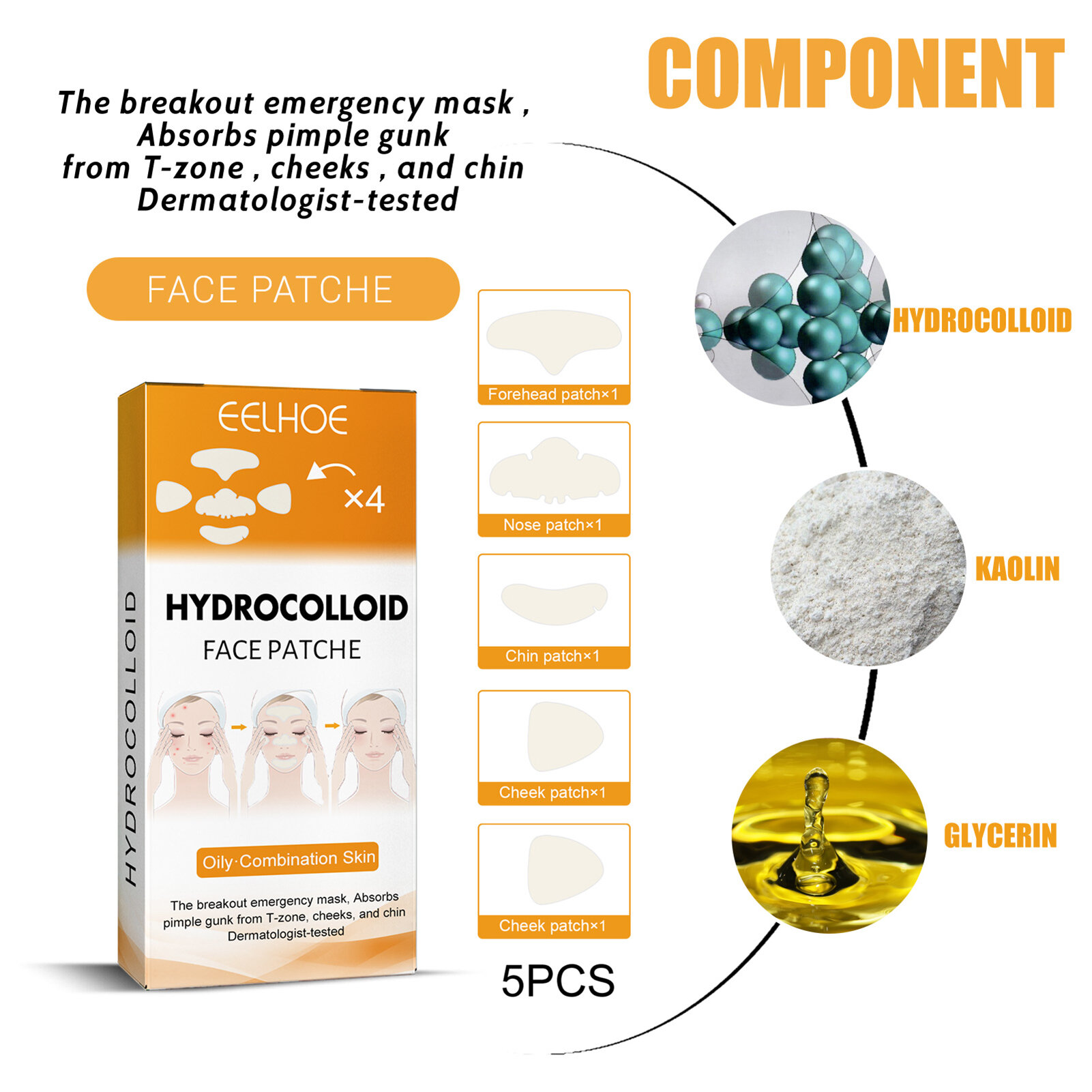 Гидроколлоидные пластыри EELHOE от прыщей и угрей на лице, 5 шт. в упаковке (пластырь для лба + пластырь для носа + пластырь для щек и подбородка + пластырь для щек), портативные