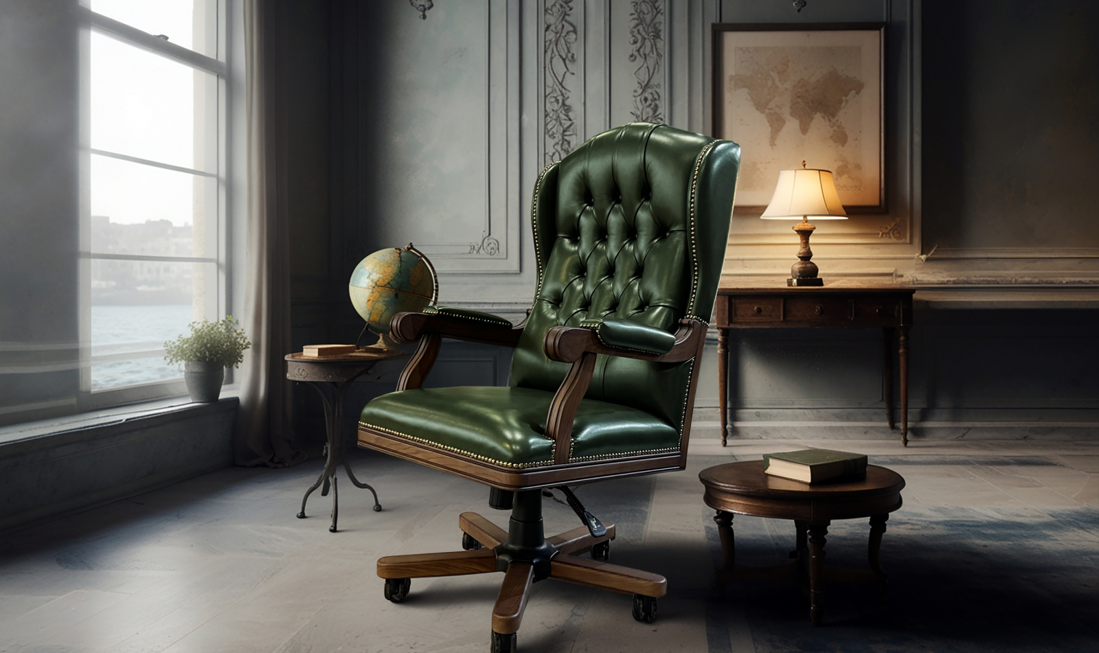 Кресло «лидер» (Грани стиля) в кабинет, капитоне, английский классический стиль, массив дуба, зеленая натуральная кожа