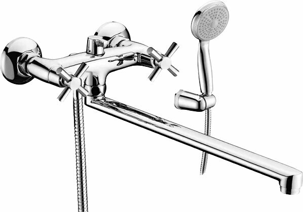 Смеситель с длинным изливом для ванны Lemark Neo LM2212C с душевым гарнитуром, поворотный, латунный, хром, глянцевый, смеситель для ванны с душем, вентильный, с настенным держателем