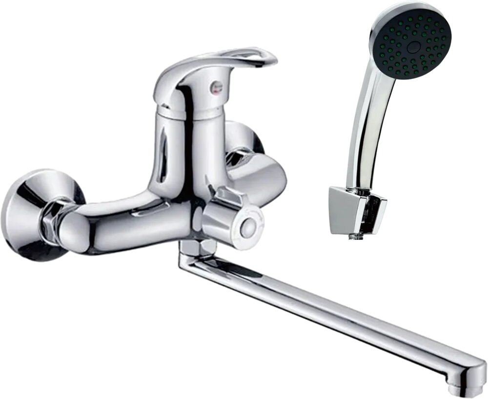 Смеситель с длинным изливом для ванны D-lin 602-8 D146602-8 с душевым гарнитуром, поворотный, металлический, хром, глянцевый, смеситель для ванны с душем, рычажный, с настенным держателем