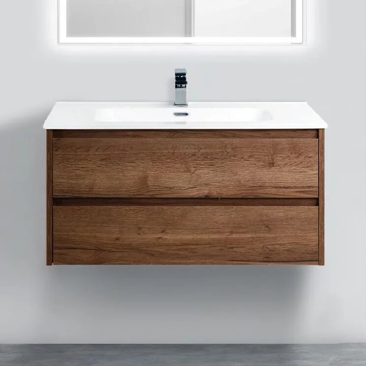 Тумба под раковину без столешницы BelBagno Kraft 100 подвесная, темное дерево, коричневая, матовая, из ЛДСП, тумба для ванной, с ящиками, с доводчиками