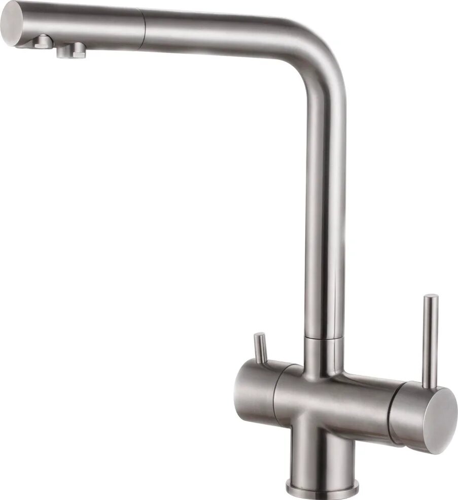 Смеситель для кухни Zorg Inox SZR-7039 с краном для питьевой воды, с поворотным изливом, матовый, однорычажный, нержавеющая сталь, с керамическим картриджем