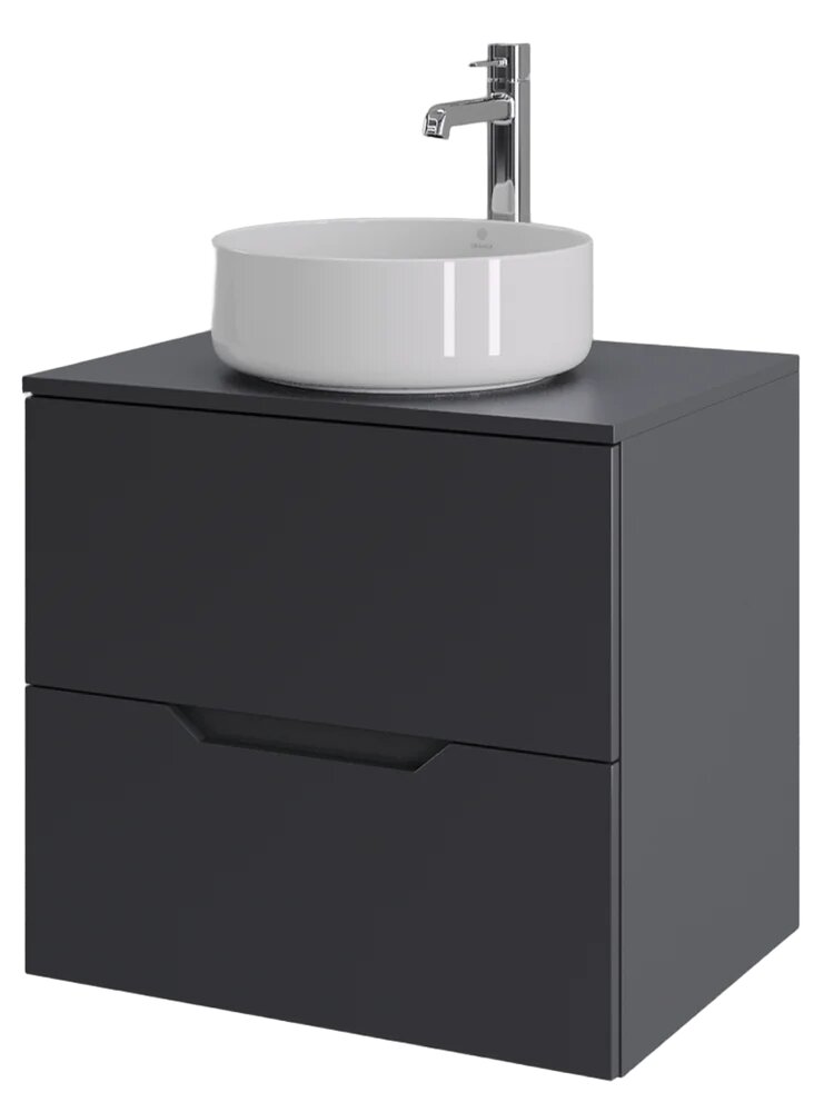 Тумба с раковиной Orange Line 60 подвесная, 60, 5 см, со столешницей, серая, матовая, из МДФ, с ящиками, раковина для ванной, фарфоровая, круглая