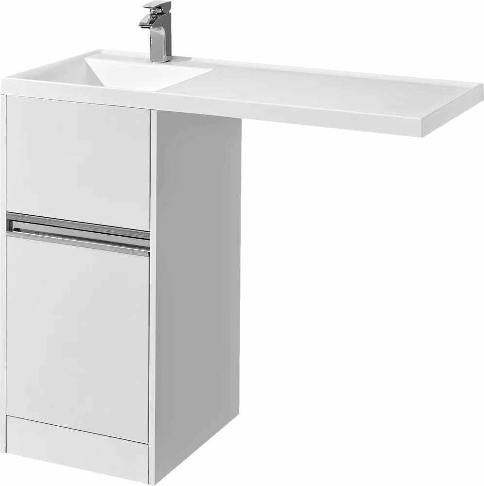 Тумба с раковиной AQUATON Лондри 40 L под стиральную машину, напольная, 105 см, белая, глянцевая, из ЛДСП, с ящиками, раковина для ванной из искусственного мрамора, прямоугольная