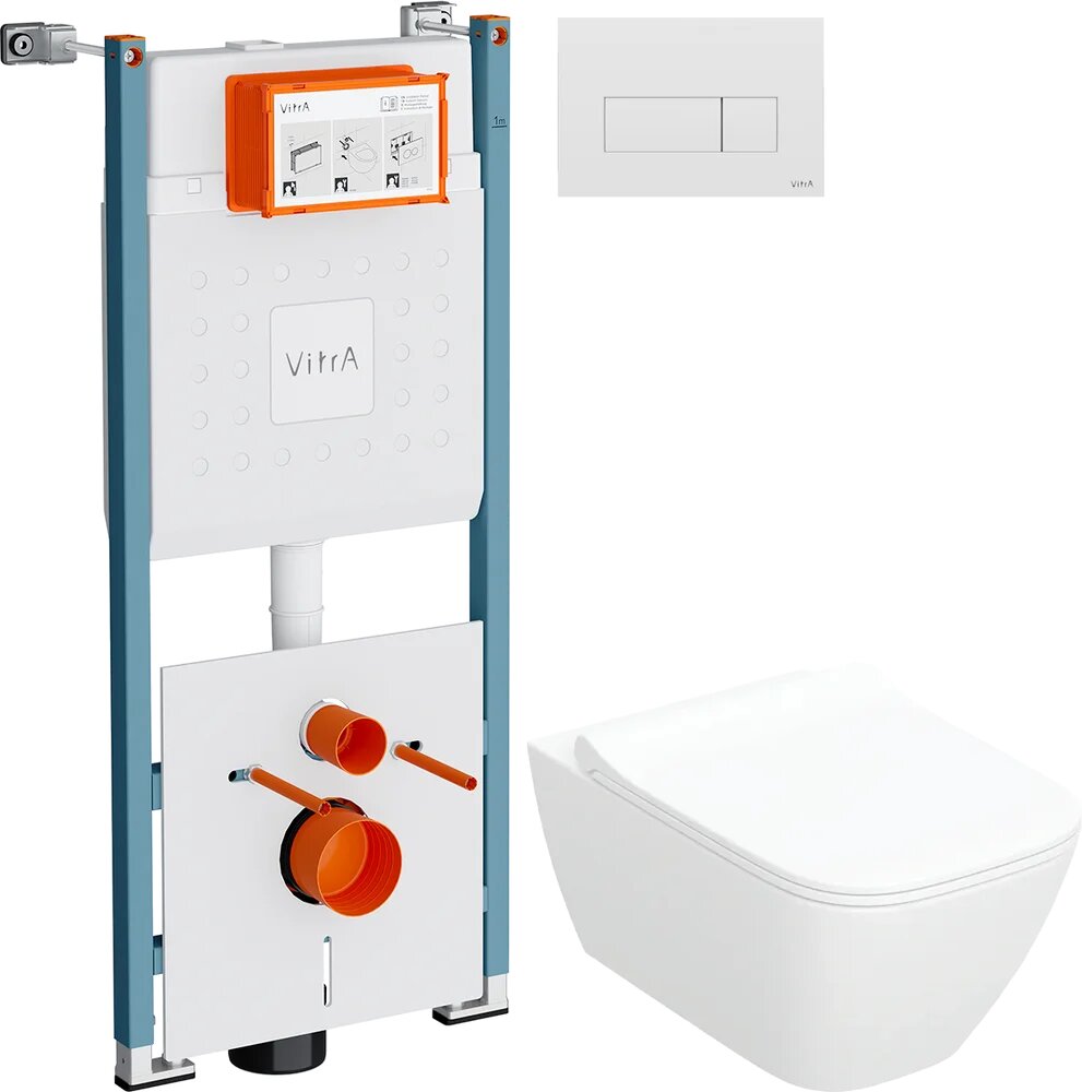 Комплект 3 в 1 Унитаз подвесной Geberit Smyle Square 500.685.01.1 / Инсталляция VitrA V-Fix Core 732-5800-01PV / Кнопка Root Square 740-2300 цвет глянцевый белый