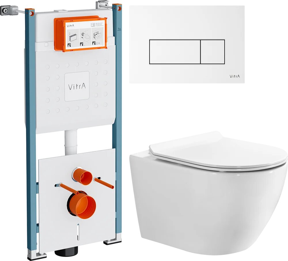 Комплект 3 в 1 Унитаз подвесной BOND Oval F12-10 / Инсталляция VitrA V-Fix Core 732-5800-01PV / Кнопка Root Square 740-2300 цвет глянцевый белый