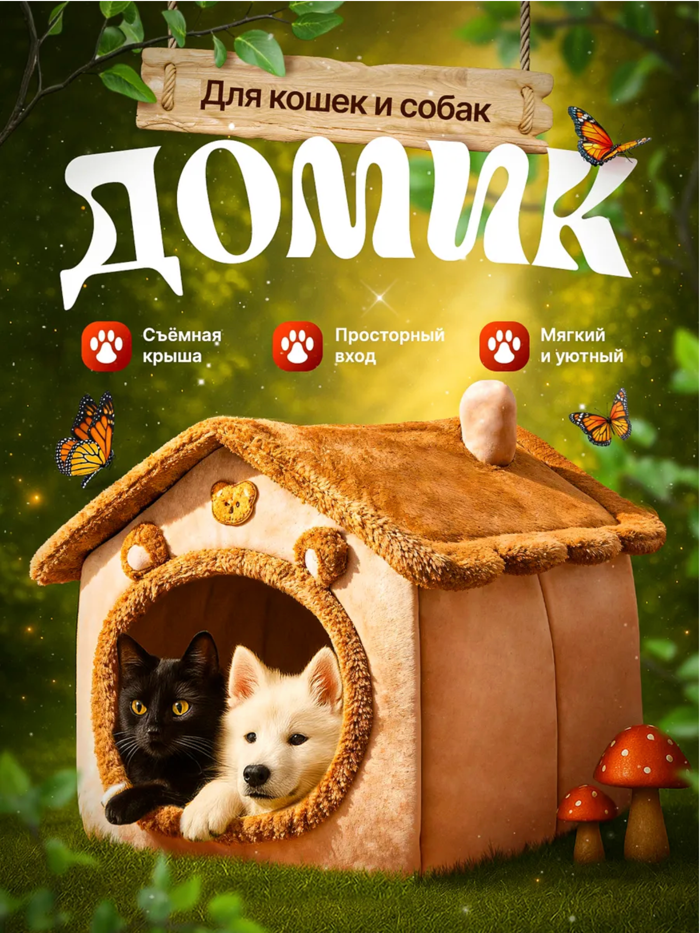 Домик для собак, кошек и мелких животных, микровелюровый мягкий, размер М