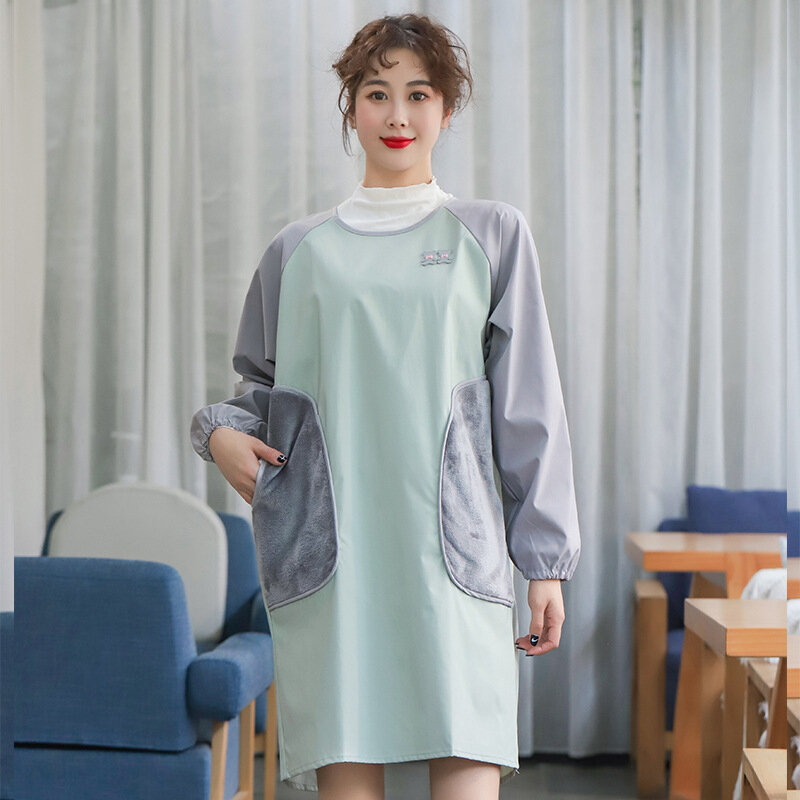 Длинный рукав фартук для домашней кухни, водонепроницаемый и маслостойкий, женская мода 2025, новый стиль, кухонный халат, милый корейский стиль рабочей одежды