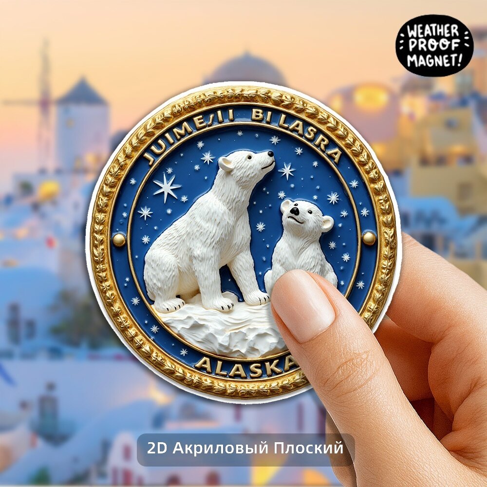 Магнит на холодильник акриловый "Белый медведь с медвежонком" под звездным небом Аляски, 1 шт.