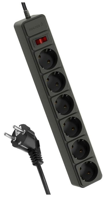 Удлинитель силовой Космос с сетевым фильтром, 6х3 м, с заземлением, 16А, IP20, 3.5 кВт, 3х1 мм2, предохранитель, выключатель, индикатор сети, черный