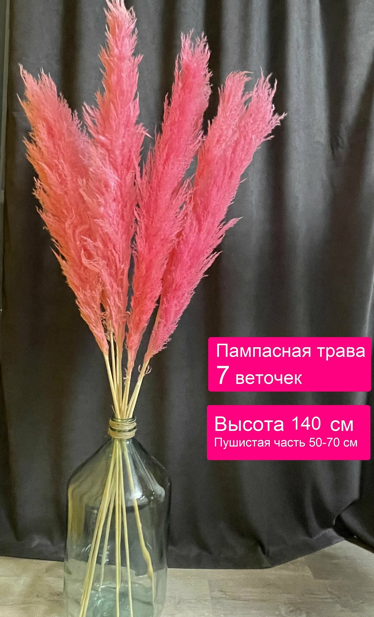 130 см, Пампасная трава розовая, натуральные сухоцветы, букет из сухоцветов, декор, 7 шт