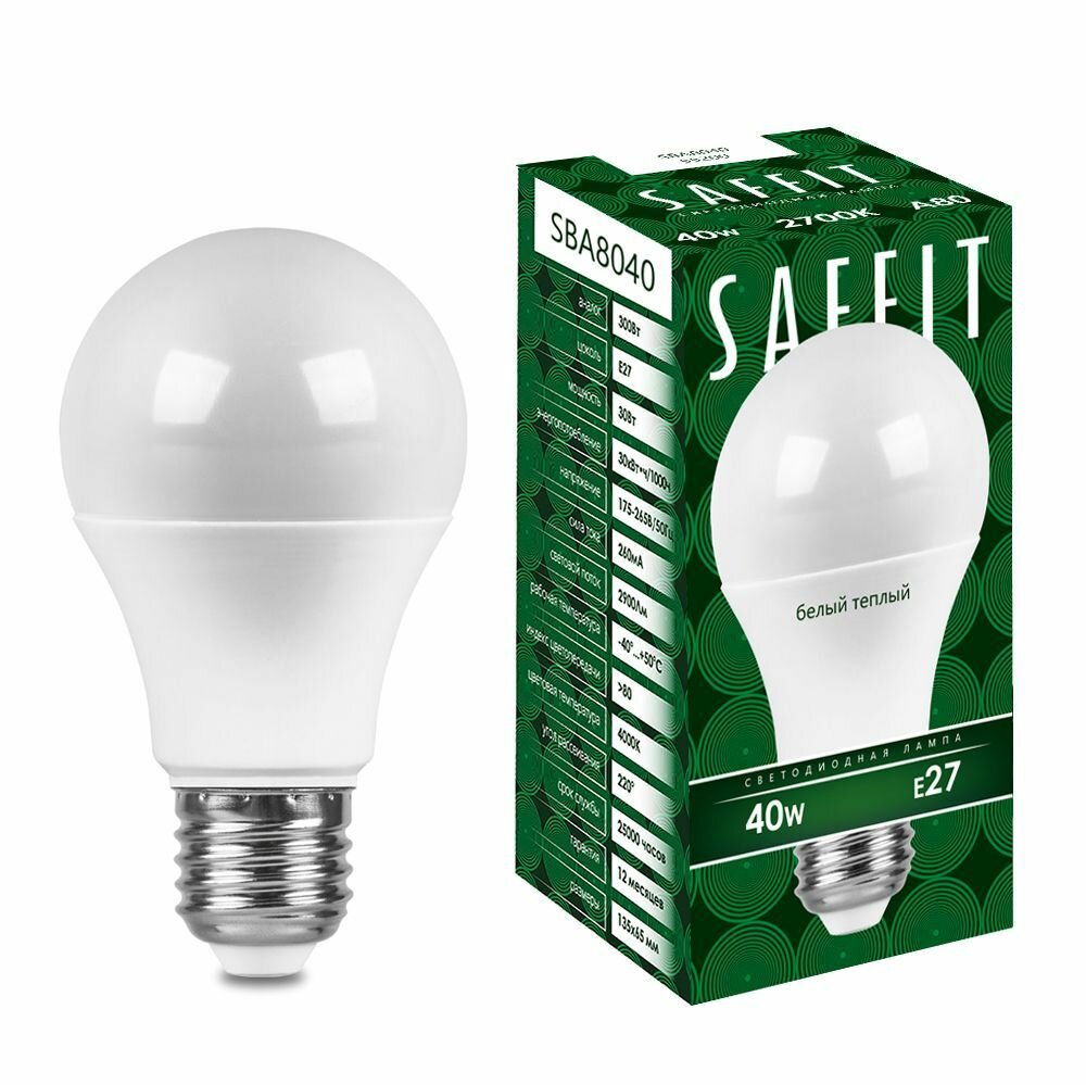 Лампа светодиодная Е27 мощность 40W цвет 2700K теплый белый свет SAFFIT SBA8040 55200 Упаковка 1 штука