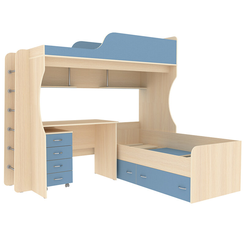 Двухъярусная кровать Дуэт-5 с металлической лестницей Дуб Молочный Светло Синий/Голубой