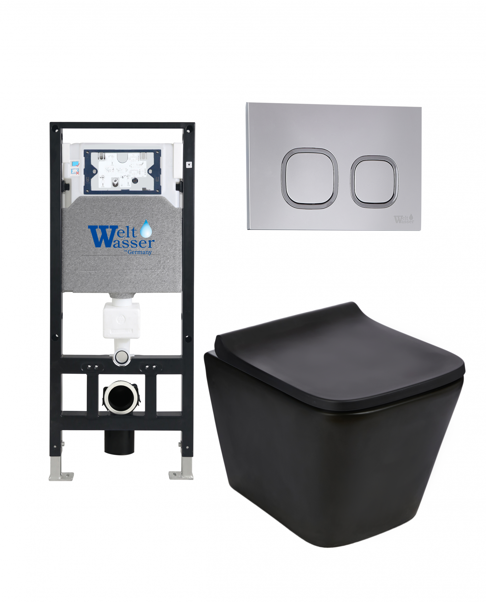 Комплект 3 в 1 инсталляция WeltWasser WW Amberg 506 + Подвесной унитаз WeltWasser Gelbach 043 MT-BL + Клавиша смыва WeltWasser WW Amberg RD-CR
