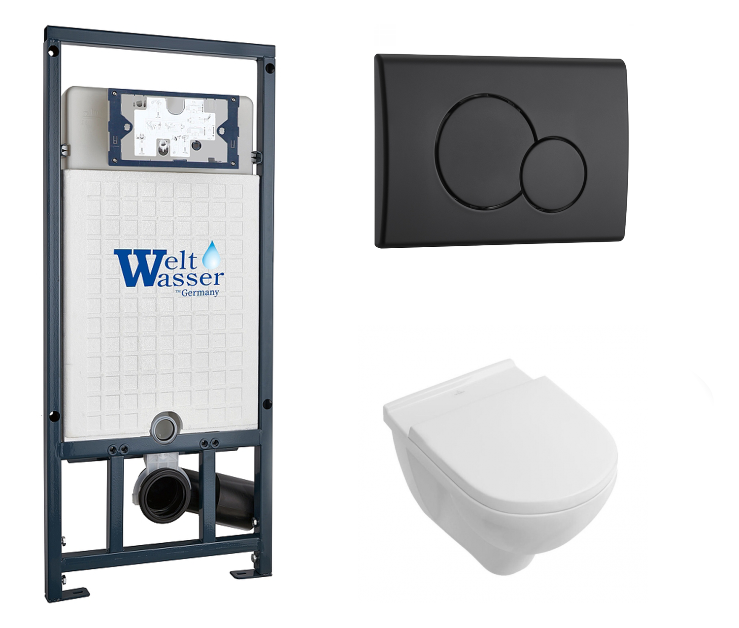 Комплект 3 в 1 инсталляция WeltWasser WW Marberg 507 + Унитаз подвесной Villeroy & Boch O Novo Directflush с кнопкой черной RD 10000005949 + 10000010238 + 5660HR01