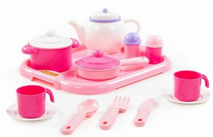 Детская игрушечная посуда "Настенька" сюжетно-ролевой набор для девочек с подносом на 2 персоны, 19 элементов для юного повара