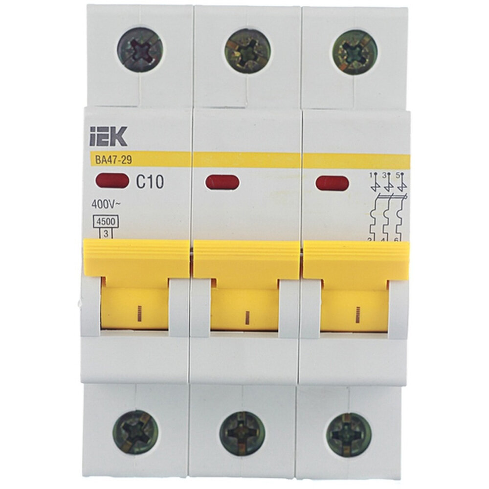 Автоматический выключатель IEK ВА47-29 KARAT, 3P C10A, 4.5кА, 400В AC/DC, термомагнитный, IP20, DIN-рейка