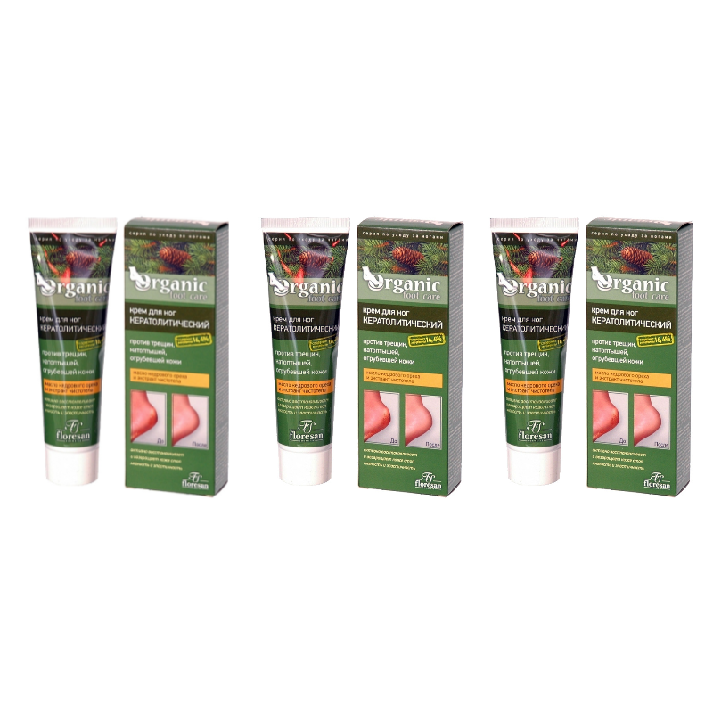 Крем для ног кератолитический Floresan, Organic Foot Care, против трещин, натоптышей, огрубевшей кожи, 100 мл, 3 шт.