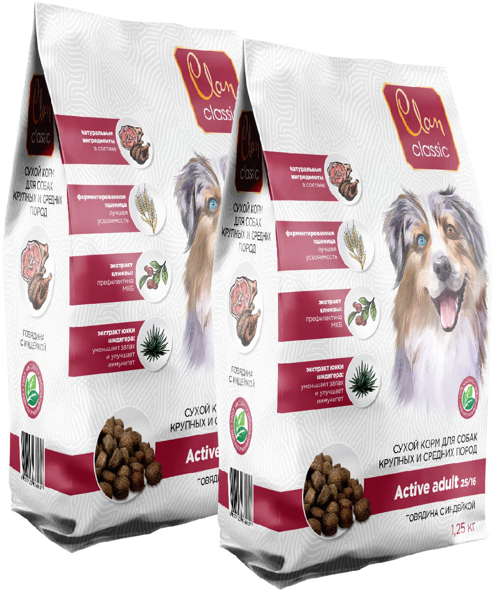 CLAN CLASSIC ACTIVE 25/16 для активных взрослых собак крупных и средних пород с говядиной и индейкой (1,25 + 1,25 кг)