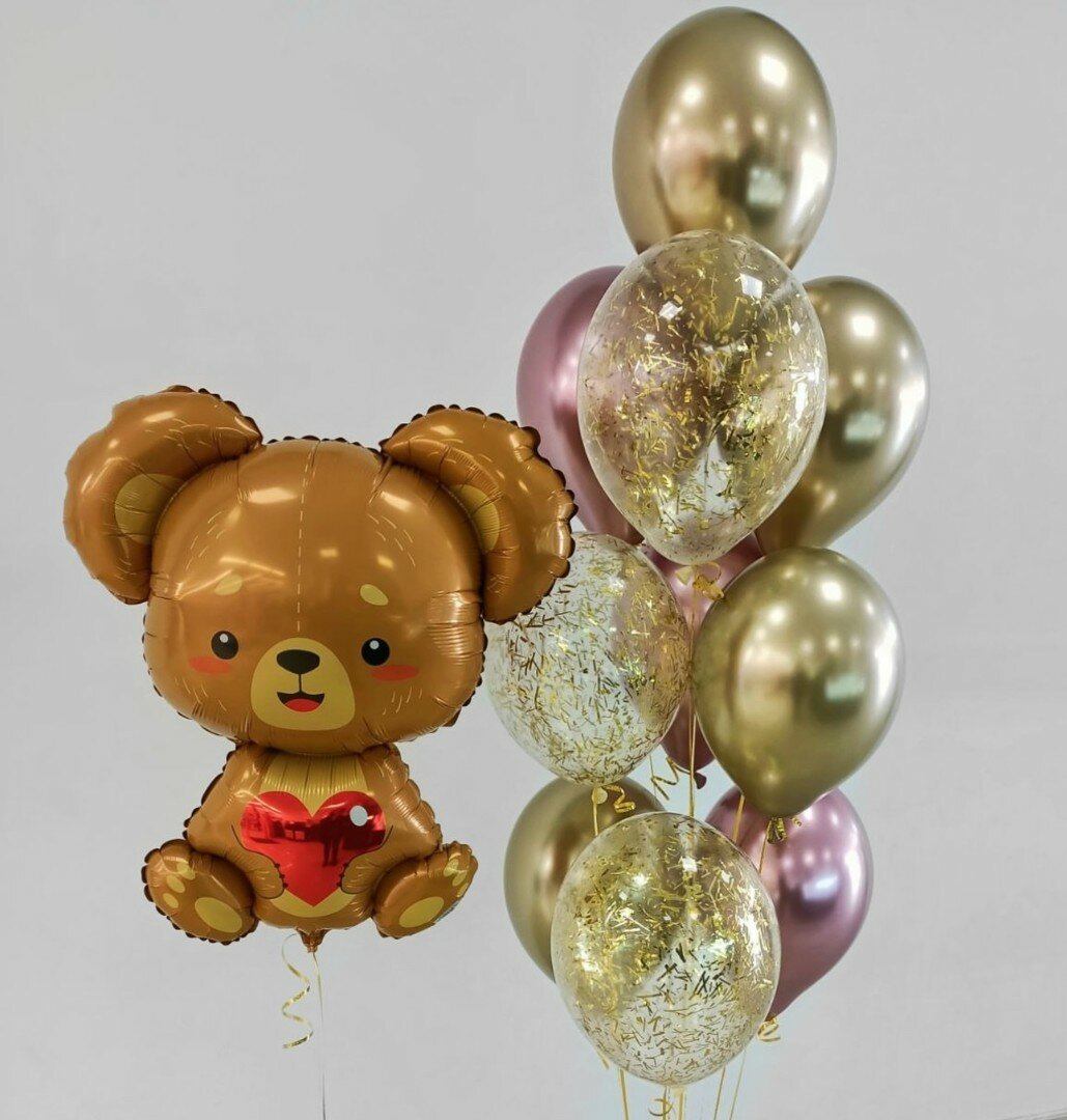 Фонтан из шаров "Мишка с сердцем, золото и хром"