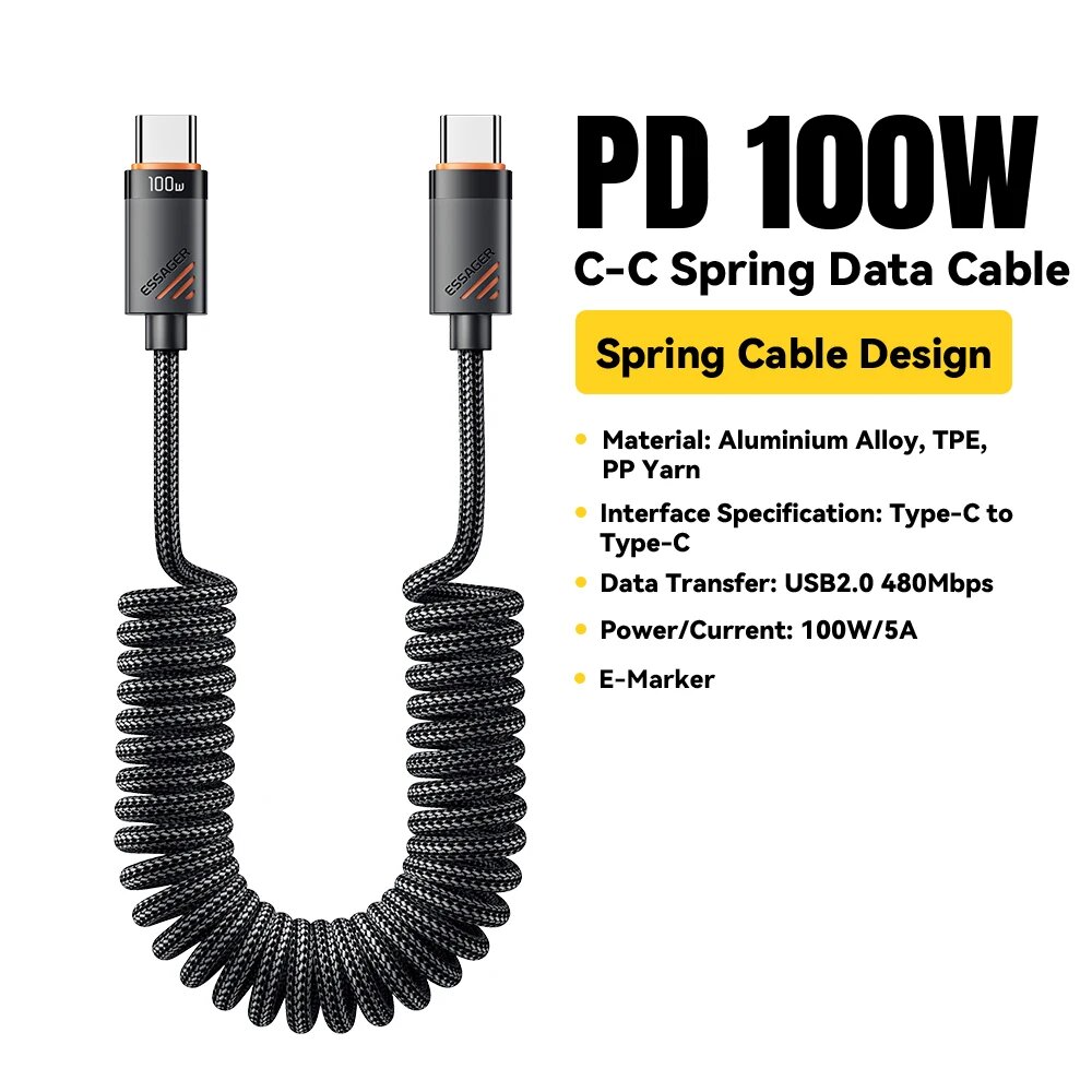 Кабель Type-C на Type-C Spring 100W, 1.8м, черный
