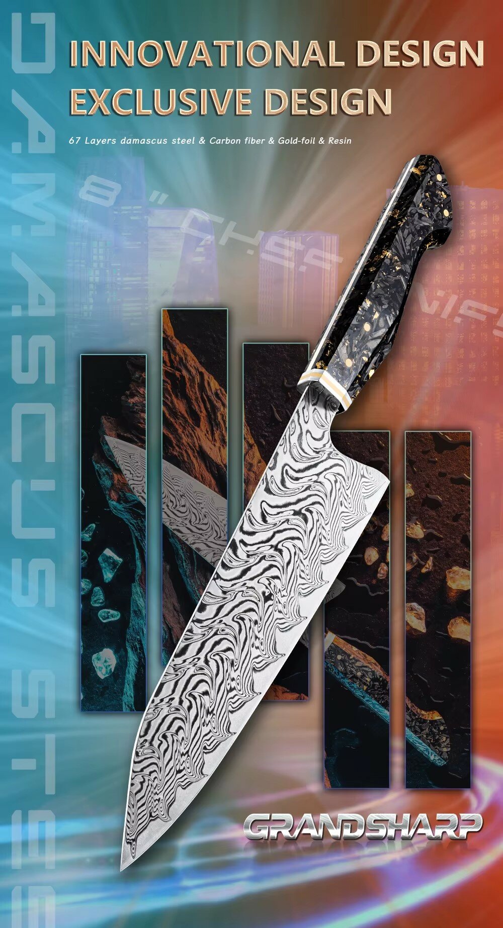 Профессиональный шеф нож из дамасской стали GRANDSHARP