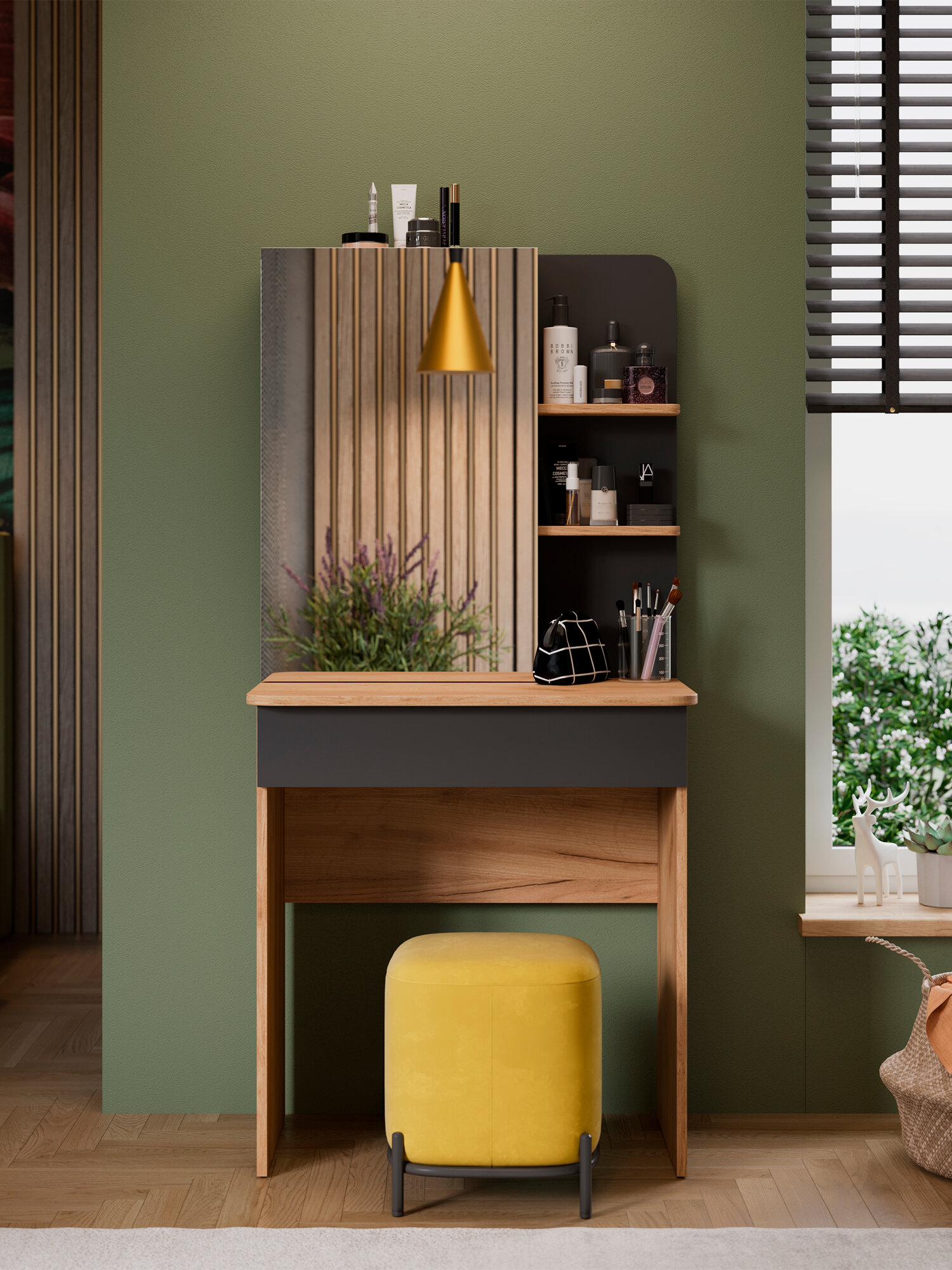 Туалетный столик ТриЯ "Майя", с зеркалом и ящиком, Дуб Крафт Золотой/Серый Графит