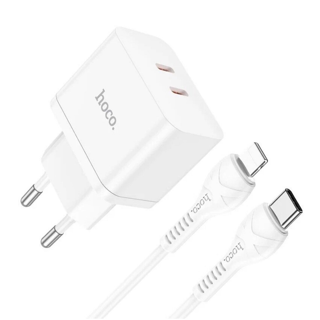 Сетевое зарядное устройство Hoco N29 PD35W 2Type-C + Кабель Type-C to iP 1м, белый